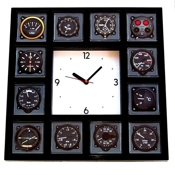 Pilot Airline Airplane Gauges cockpit Panel Black Wall Clock with 12 ...