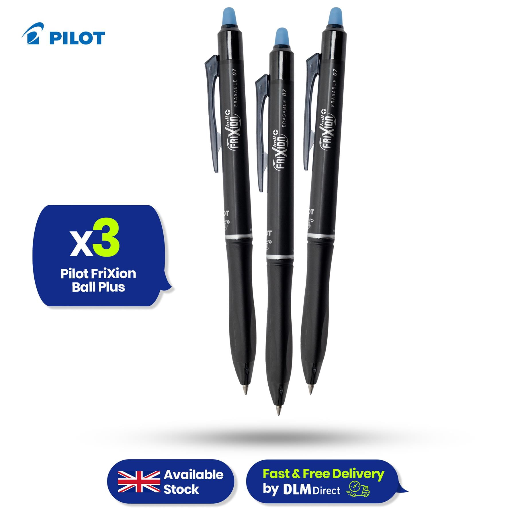 Pilot Frixion Ball Plus Blue Erasable Pens 0.7mm Pack of 3 Smooth ...