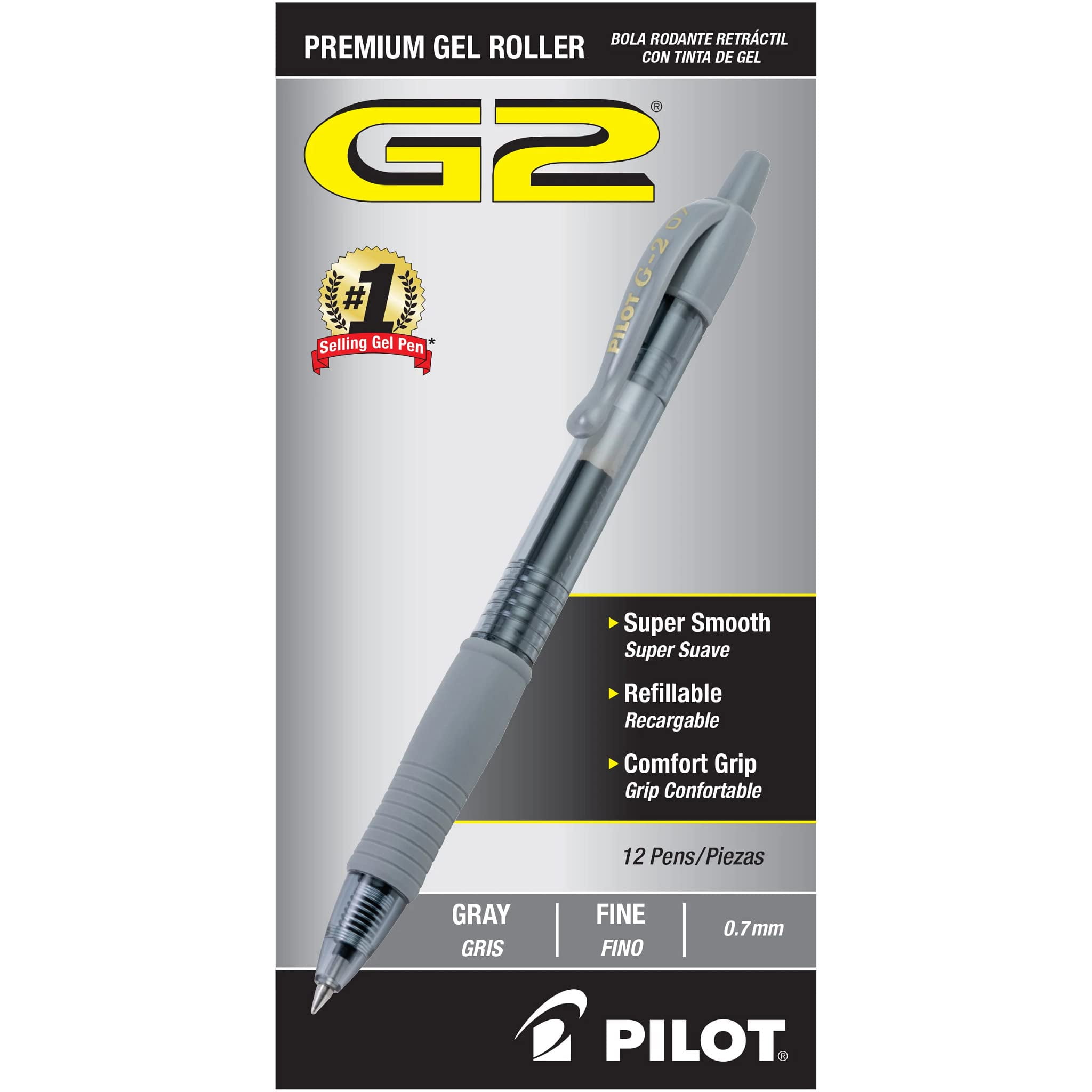 Pilot, G2 Premium Gel Roller Pens, Fine Point 0.7 mm, Gray, Pack of 12 ...