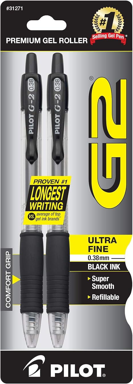 Pilot G2 Premium Gel Roller Pens, Ultra Fine Point 0.38 Mm, Black Ink ...