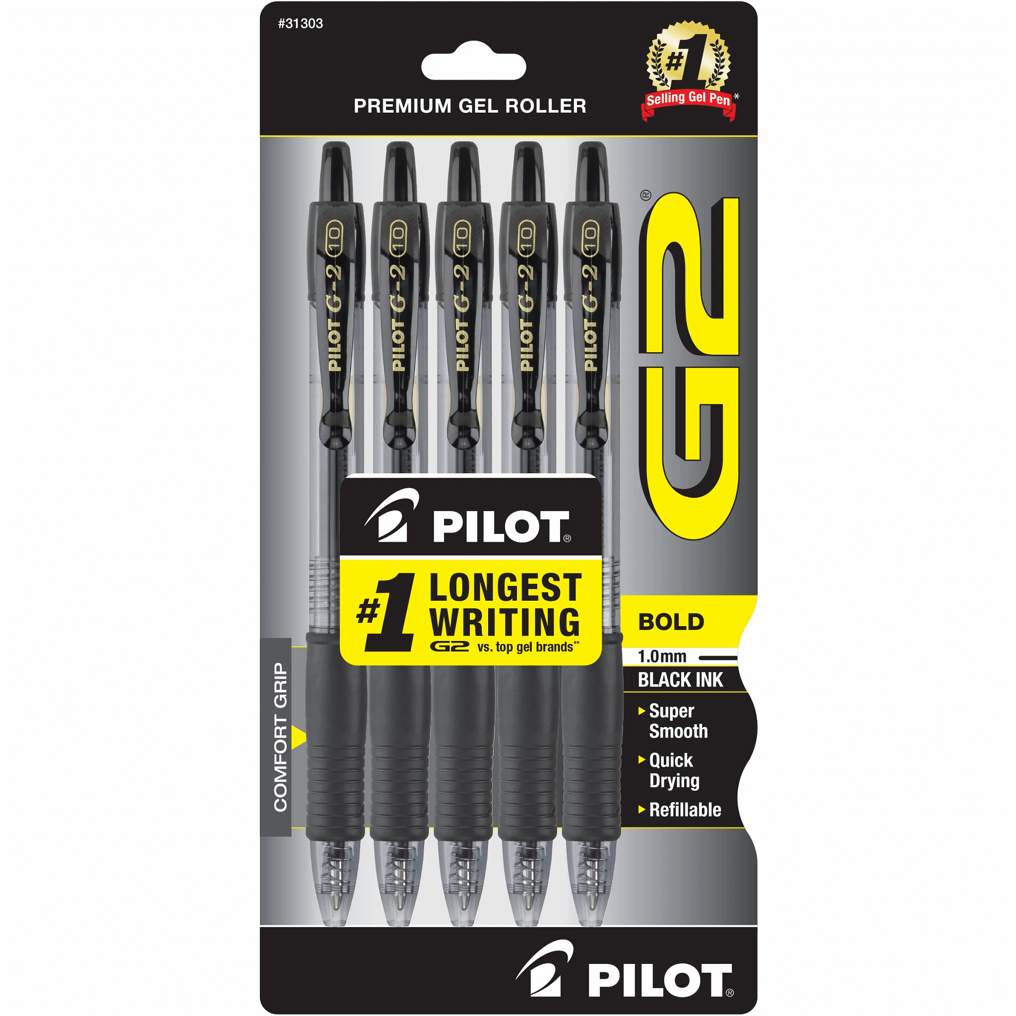 Pilot, Gel Ink Pen, 1.00 mm, Bold Point, Black Ink, 5 ct - Walmart.com