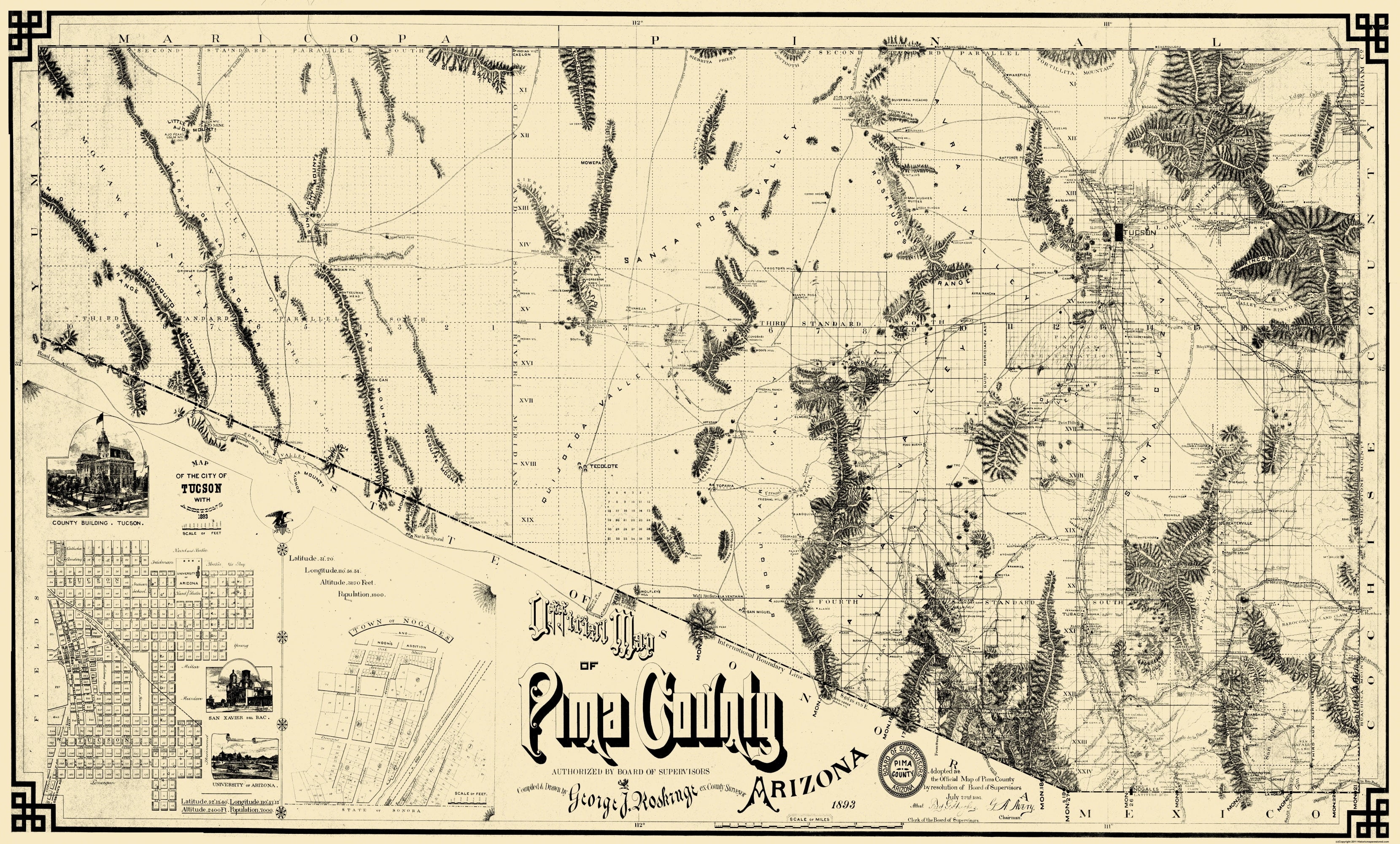 Historic County Map - Pima County Arizona - Roskrage 1893 - 38.19 x 23 ...