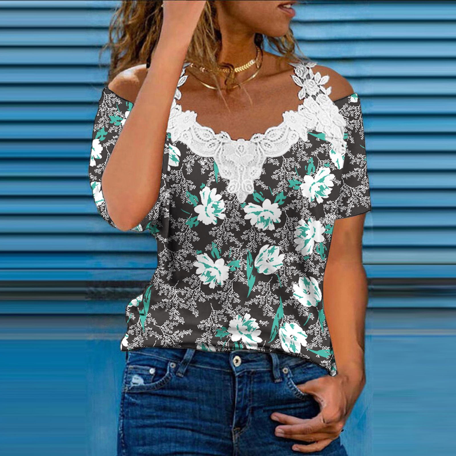 Pimelu Womens Blouses and Tops Dressy Cold Shoulder Lace Trim Tops for ...