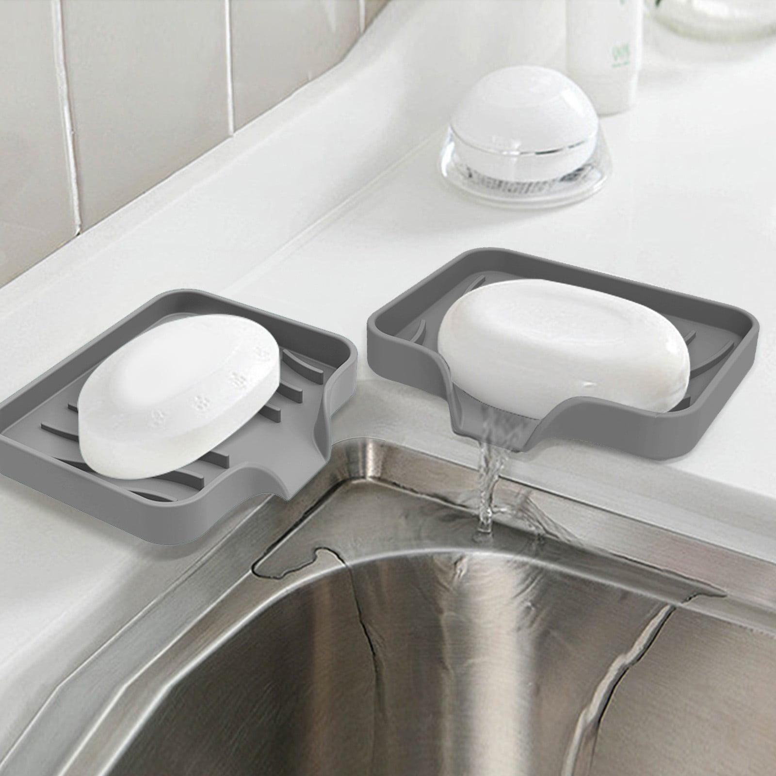 Pimfylm 2pcs Silicone Soap Dishes Tray with Drain Spout, Kitchen Sink ...