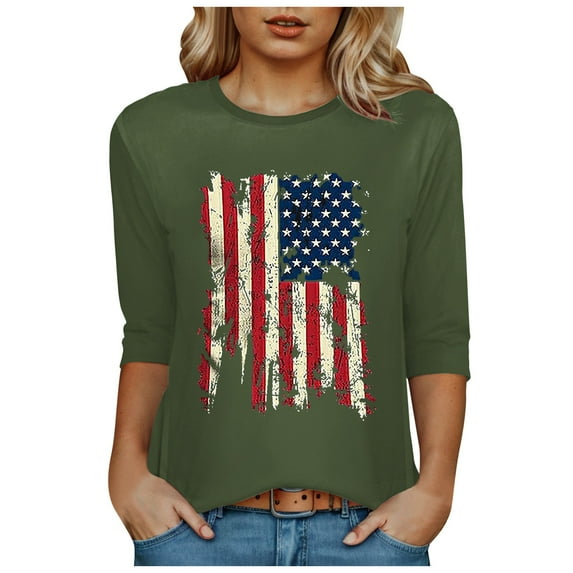 Pimfylm 3/4 Sleeve Crew Neck USA Patriotic Shirts for Women 4th of July ...