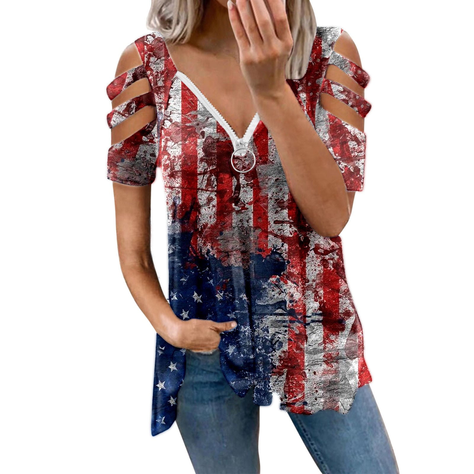 Pimfylm 4th of July Women's American Flag Patriotic 4th of July Short Sleeve T-Shirt ...