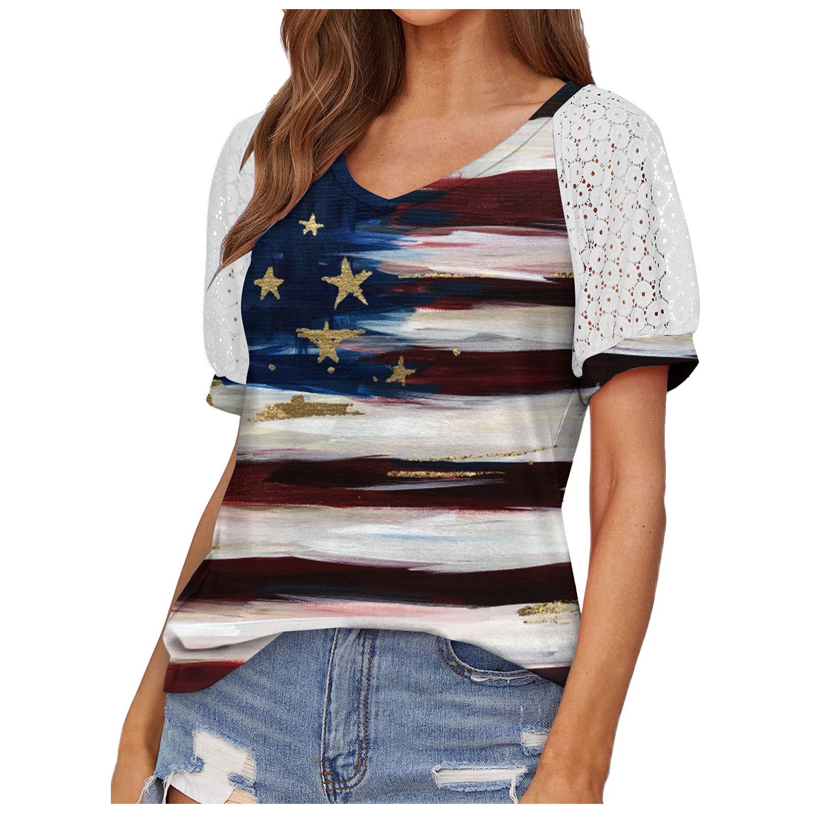 Pimfylm 4th of July Women's American Flag Patriotic 4th of July Short Sleeve T-Shirt ...
