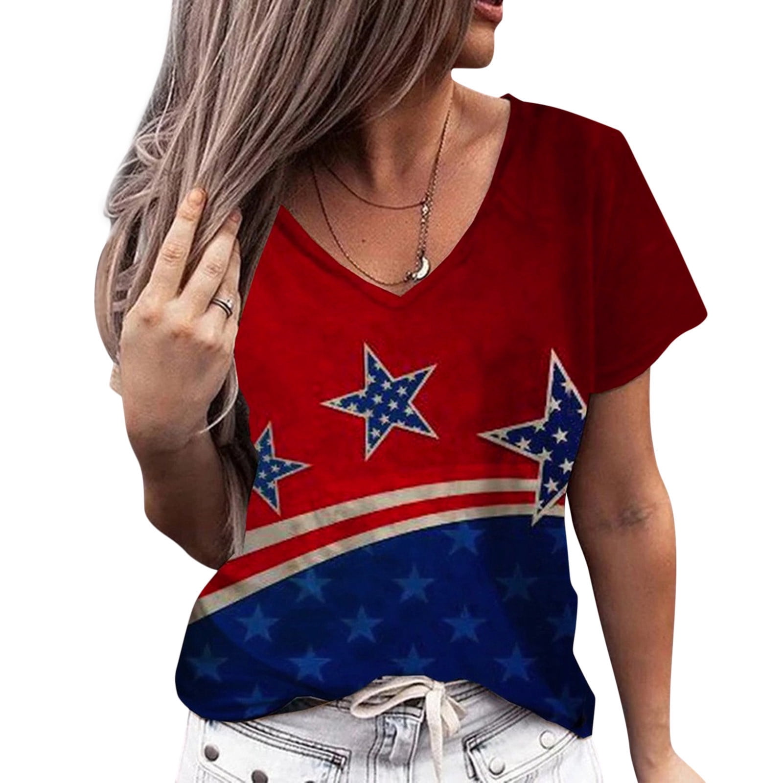 Pimfylm American Flag Prints Shirt Women USA Star Stripes T-Shirt 4th of July Tee Shirt ...