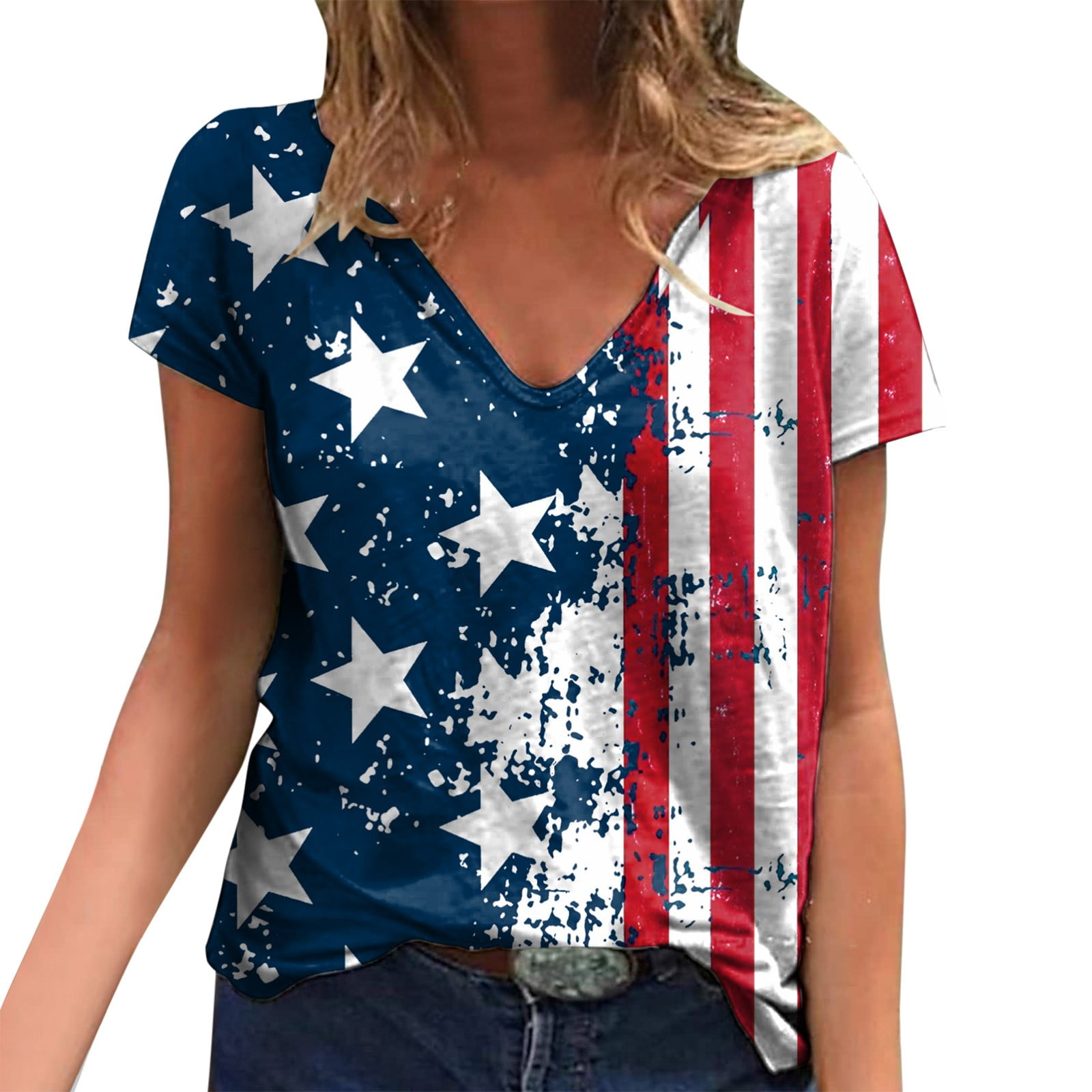 Pimfylm American Flag Shirt Women Short Sleeve 4th of July Top Patriotic V-Neck Tee Top(Navy,XXL ...