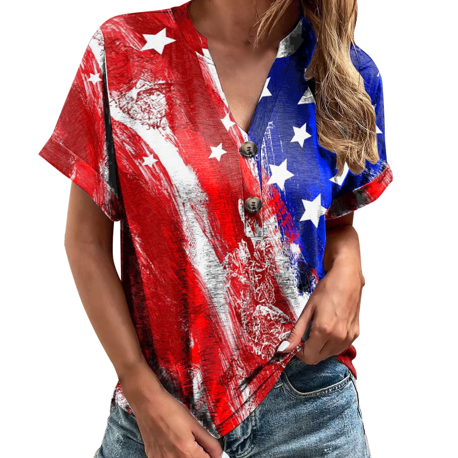 Pimfylm July 4th Womens Patriotic Shirt V-Neck Memorial Day American Flag Tops(Red,3XL ...