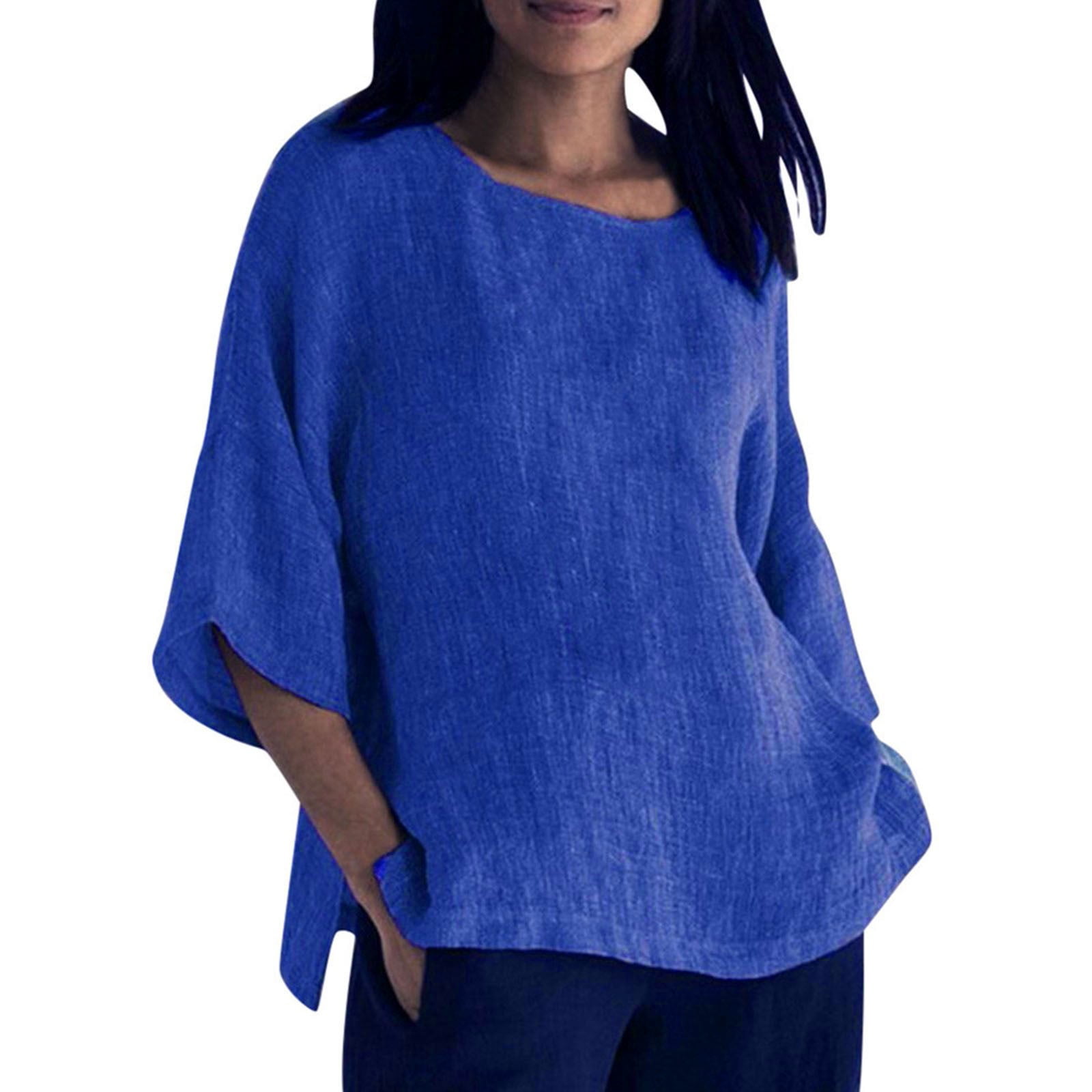 Pimfylm Women's Cotton Linen Blouse Cute Tunics Tops Shirt(Blue,L ...