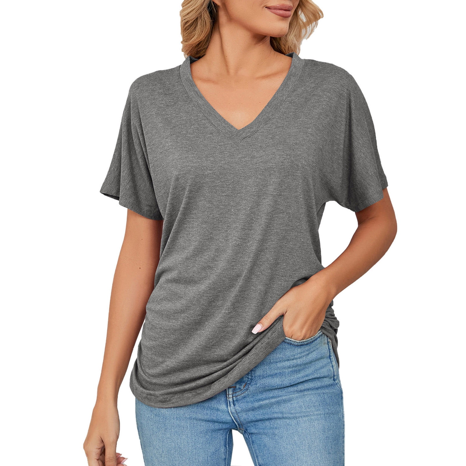 Pimfylm Women's V Neck Short Sleeve Shirts Button Tunic Blouses Fall Basic Tops Tee 2024(Grey,L ...