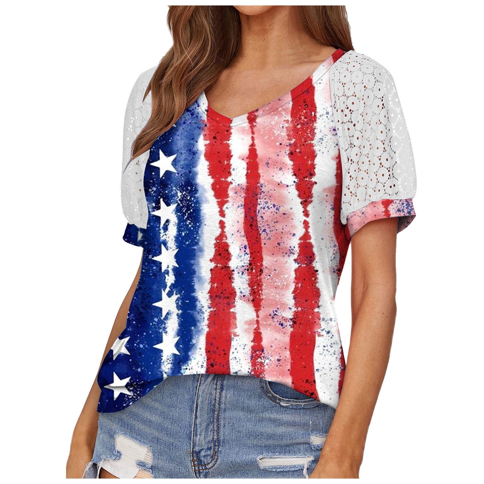 Pimfylm Womens 4th of July Patriotic Shirts American Flag T Shirt Short Sleeve V Neck Clothes ...