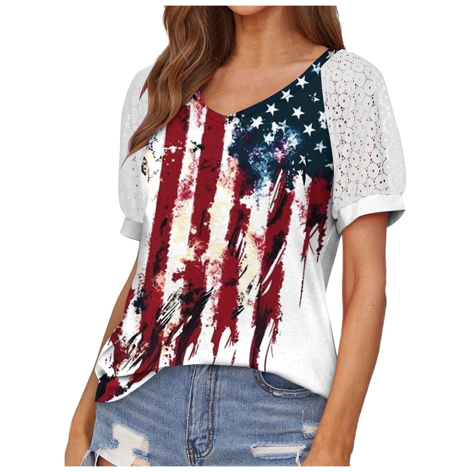 Pimfylm Womens 4th of July Tops Popular American Flag Printed T-shirt V Neck Short Summer Loose ...