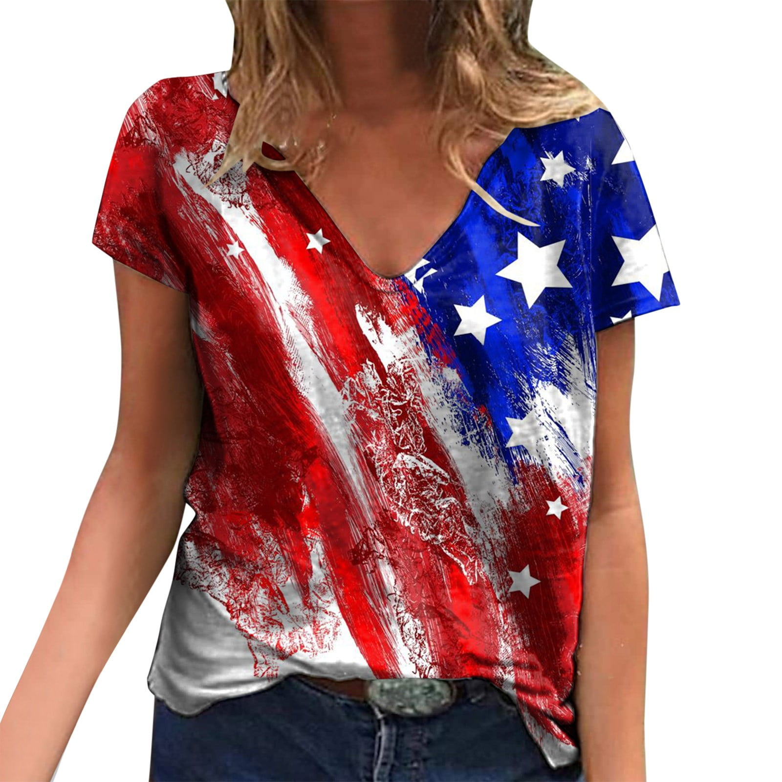Pimfylm Womens 4th of July Tops Popular American Flag Printed T-shirt V Neck Short Summer Loose ...