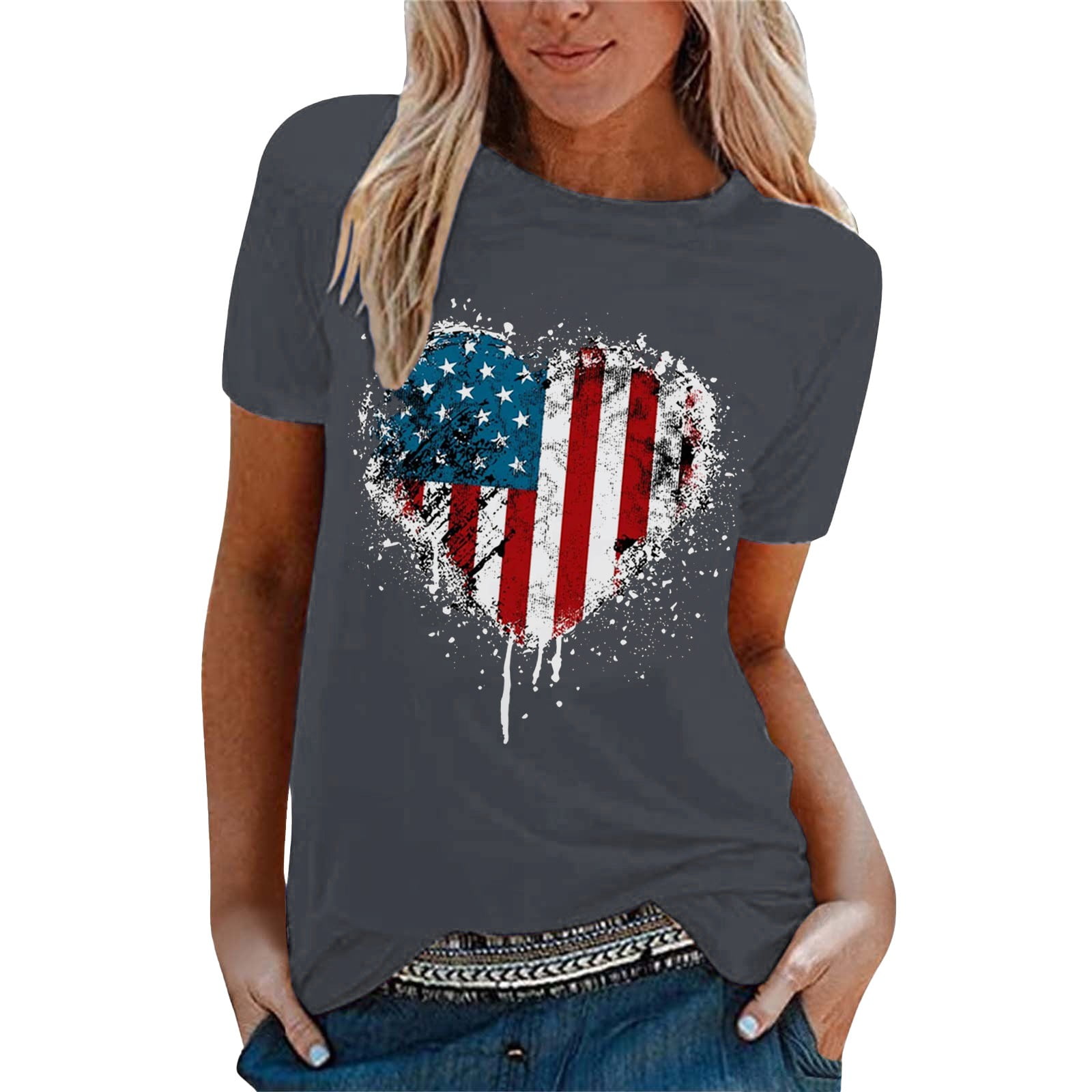 Pimfylm Womens American Flag Shirt Short Sleeve USA 4th of July Flag Tops Loose Patriotic Short ...