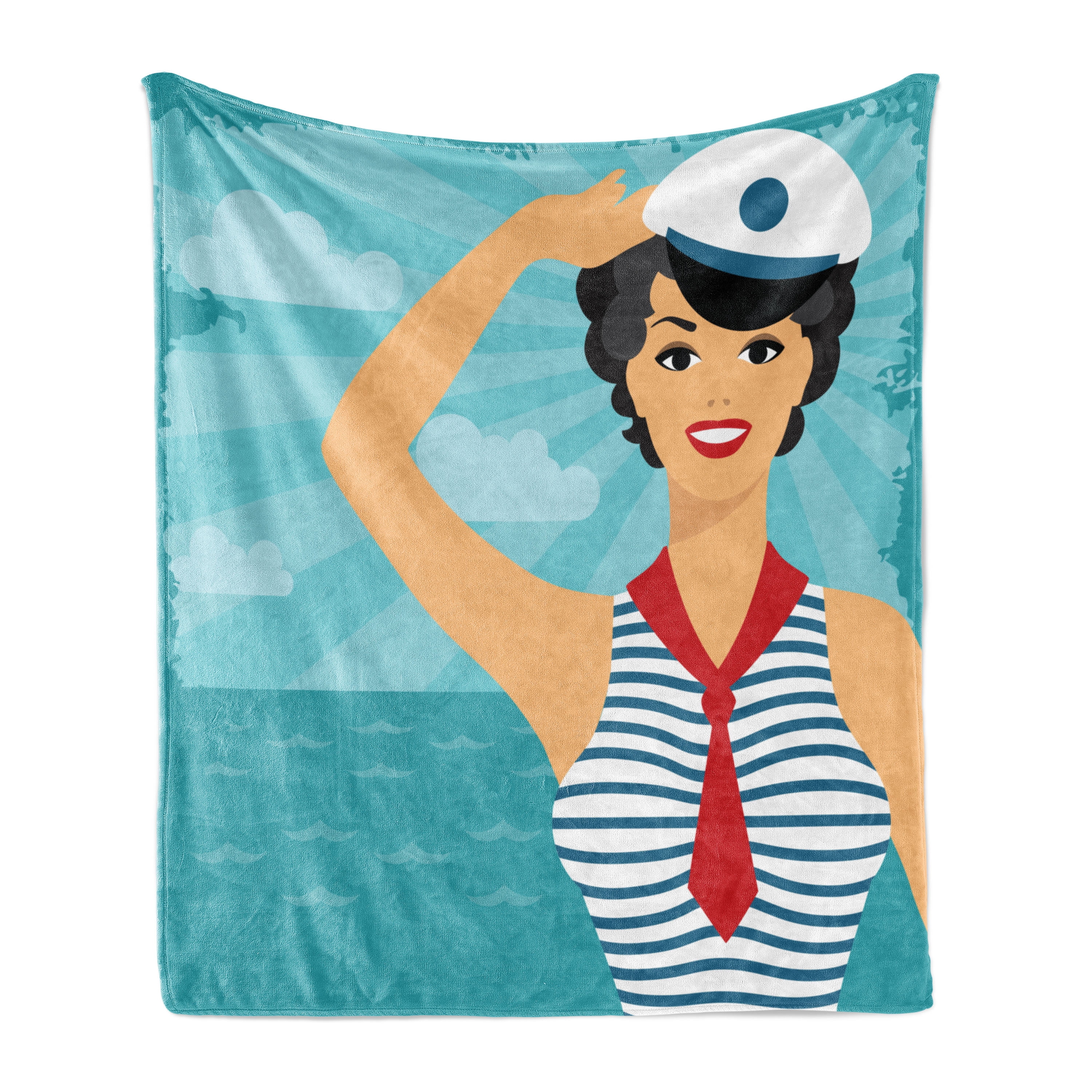Pin up Girl Soft Flannel Fleece Blanket, Cheerful Sailor Girl Wearing ...