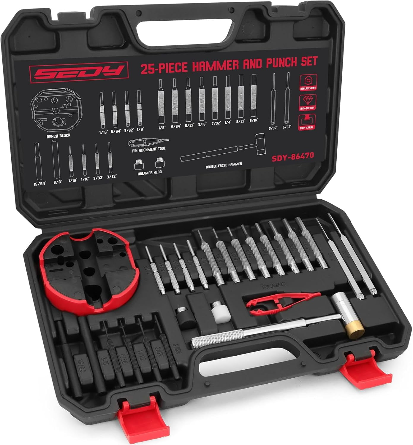 Pin Punch Hammer Set: 25-Piece Punch Set and Hammer with Bench Block, Steel Roll Pin Punch Set ...