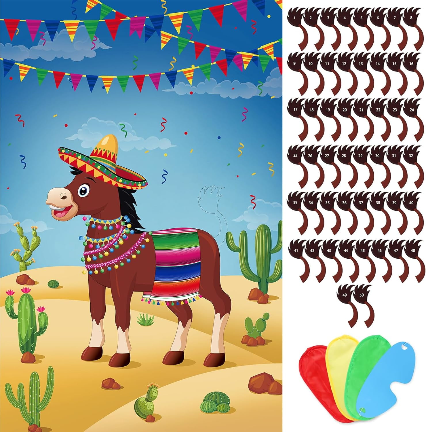 Pin The Tail On The Donkey Party Game With 50 Pcs Tails Large Mexican ...