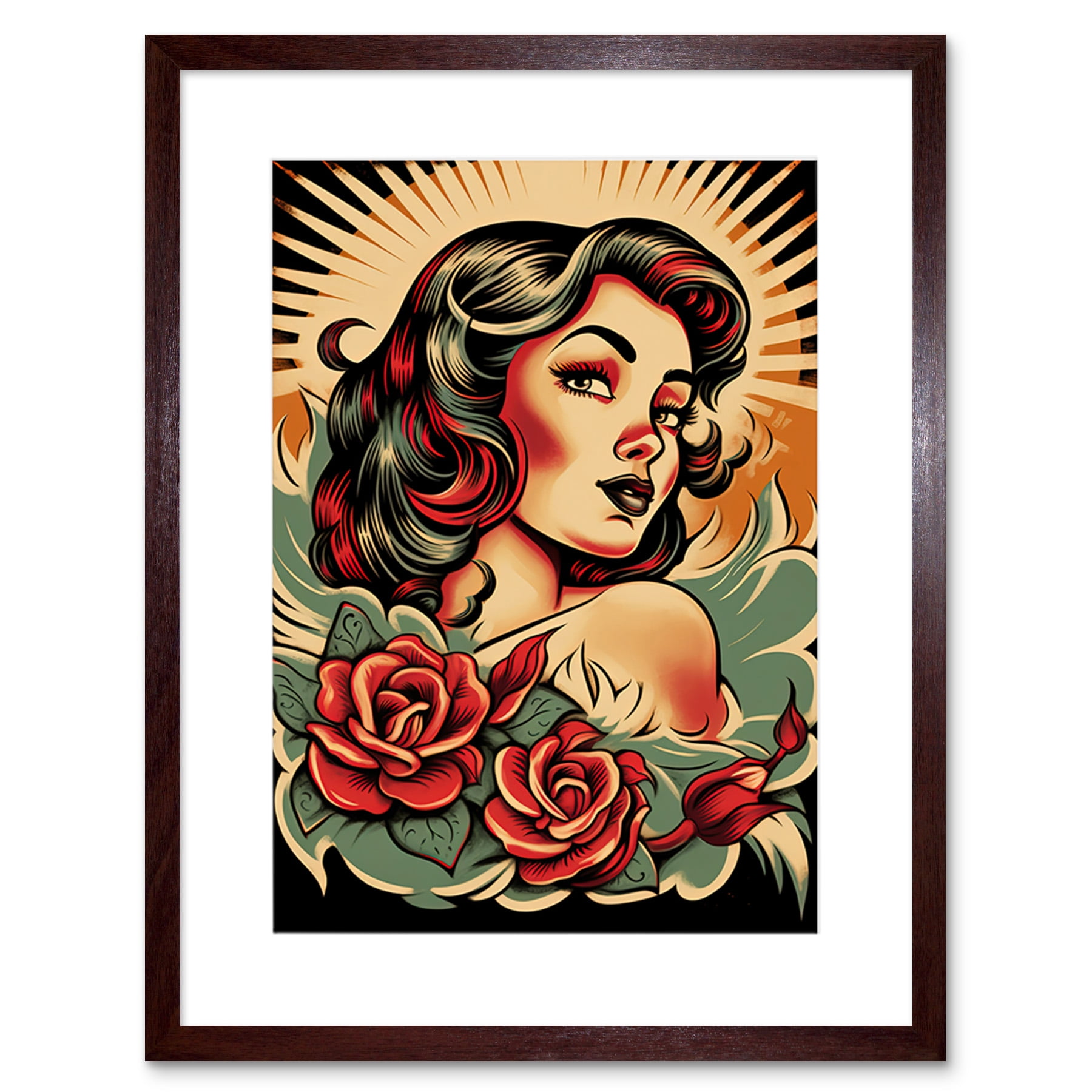 Pin Up Girl Roses Retro Tattoo Ink Body Art Rockabilly Americana 50s ...