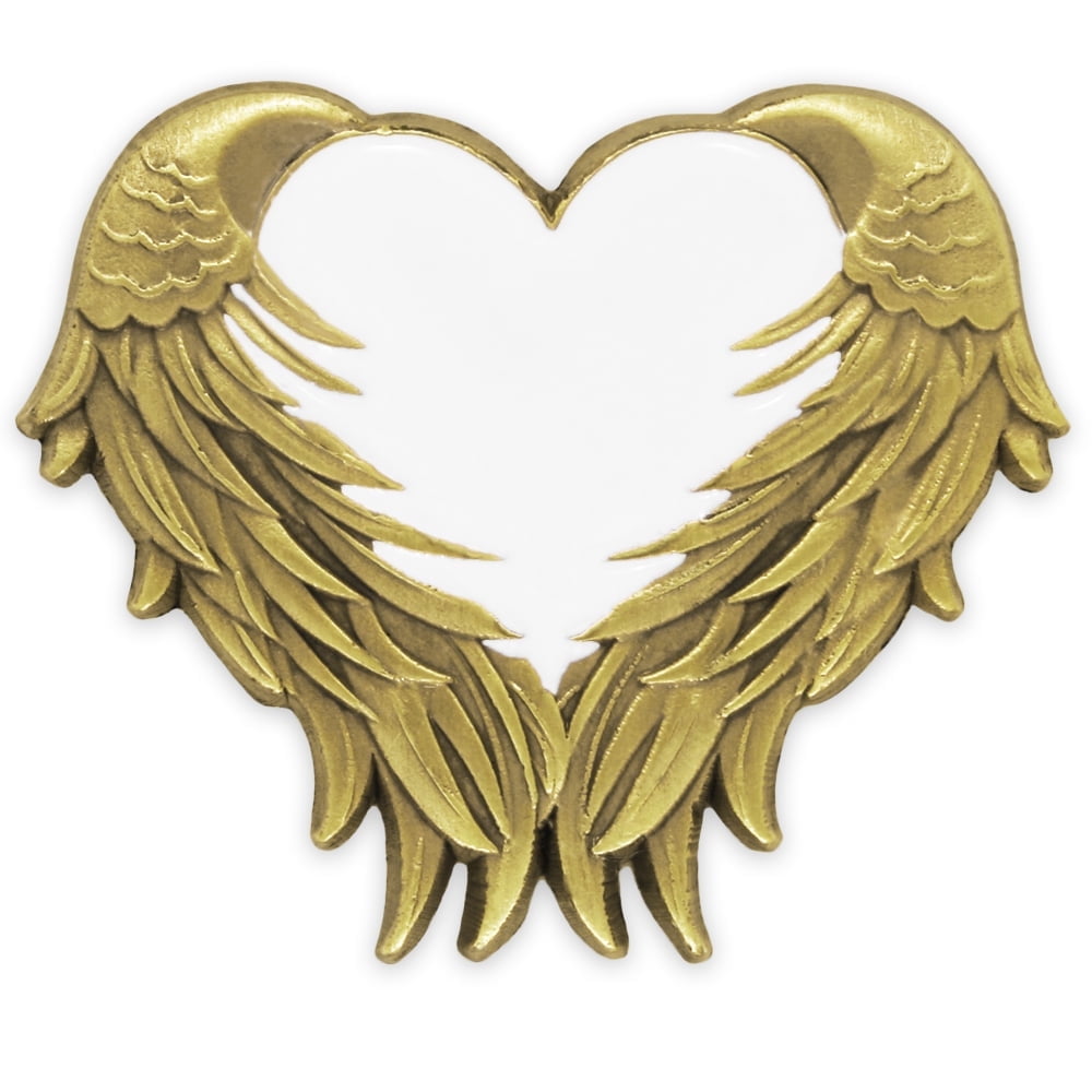 PinMart White Enamel Heart with Antique Gold Angel Wings Button Pin ...