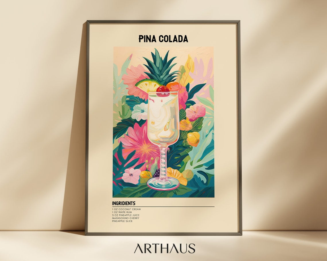 Pina Colada Cocktail Print Digital Art Bar Cart Decor Drink Bar Art ...