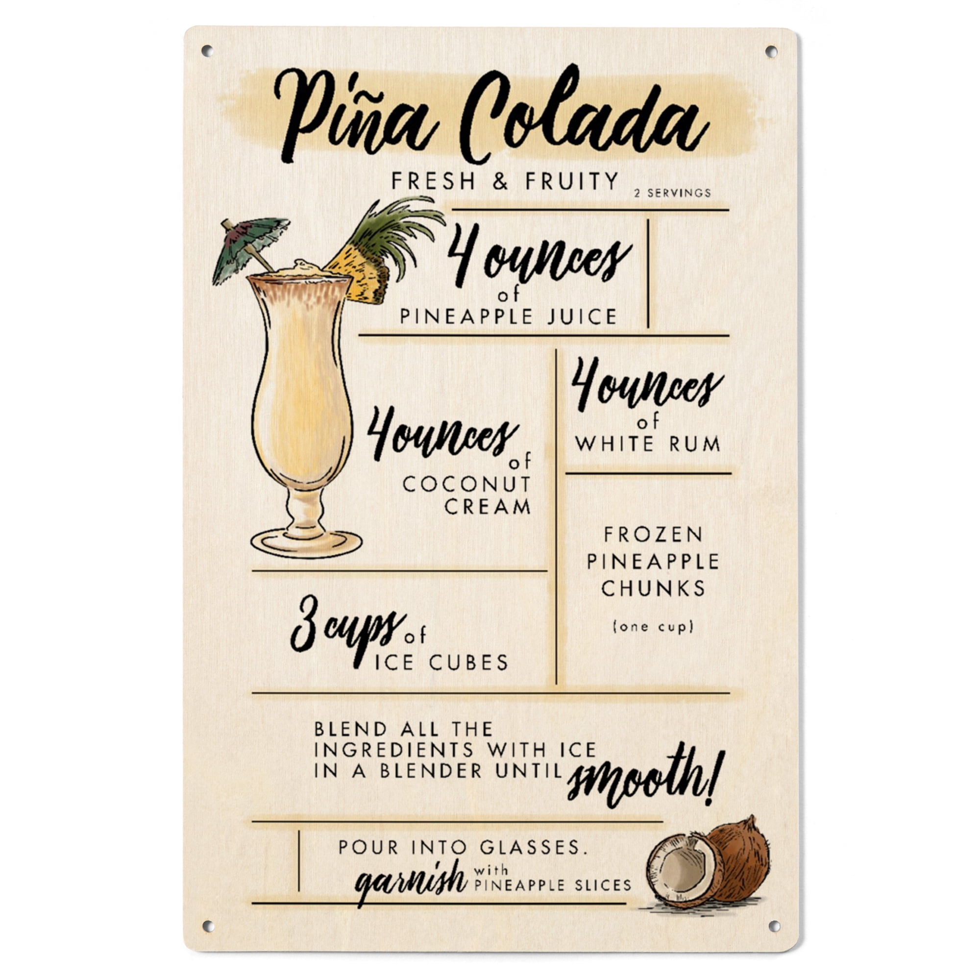 Pina Colada, Cocktail Recipe Birch Wood Wall Sign (6x9 Rustic Home ...