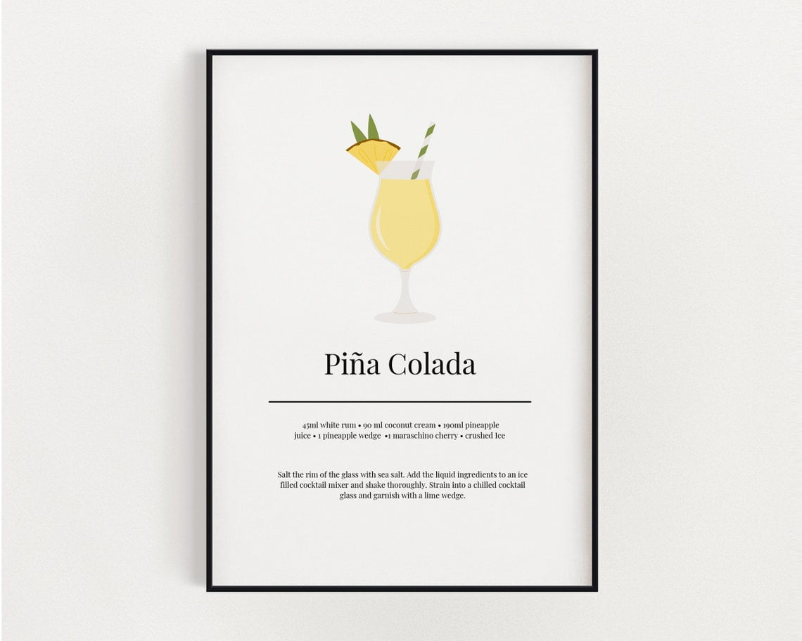 Pina Colada Cocktail Wall Art, Kitchen Wall Art, Cocktail Recipe Print ...