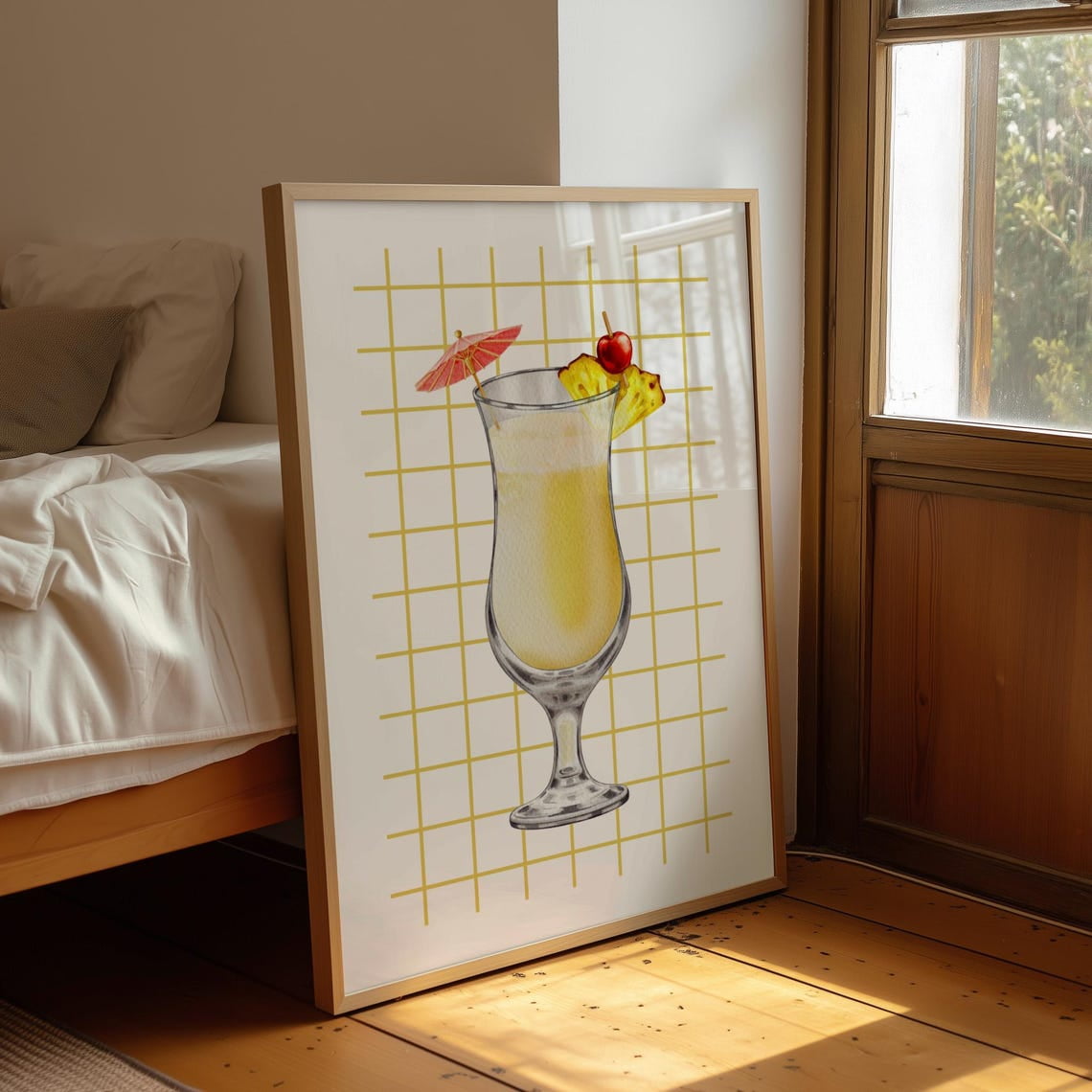 Pina Colada Print, Preppy Bar Cart Art, Yellow Retro Cocktail Poster ...