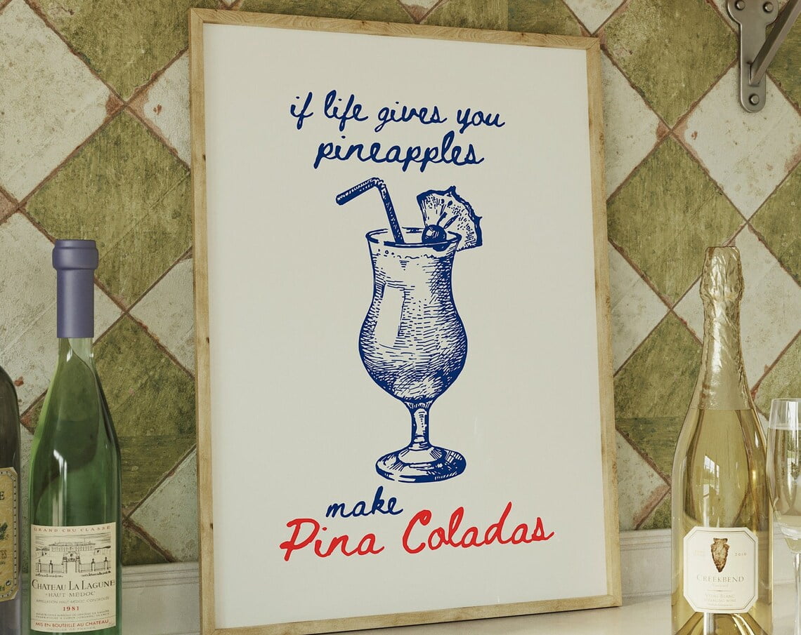 Pina Colada Print, Retro Cocktail Hand Drawn Poster, Bar Cart Decor ...