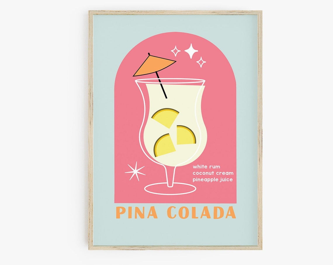 Pina Colada Print, Tropical Cocktail Drink, Retro Cocktail Print, Bar ...