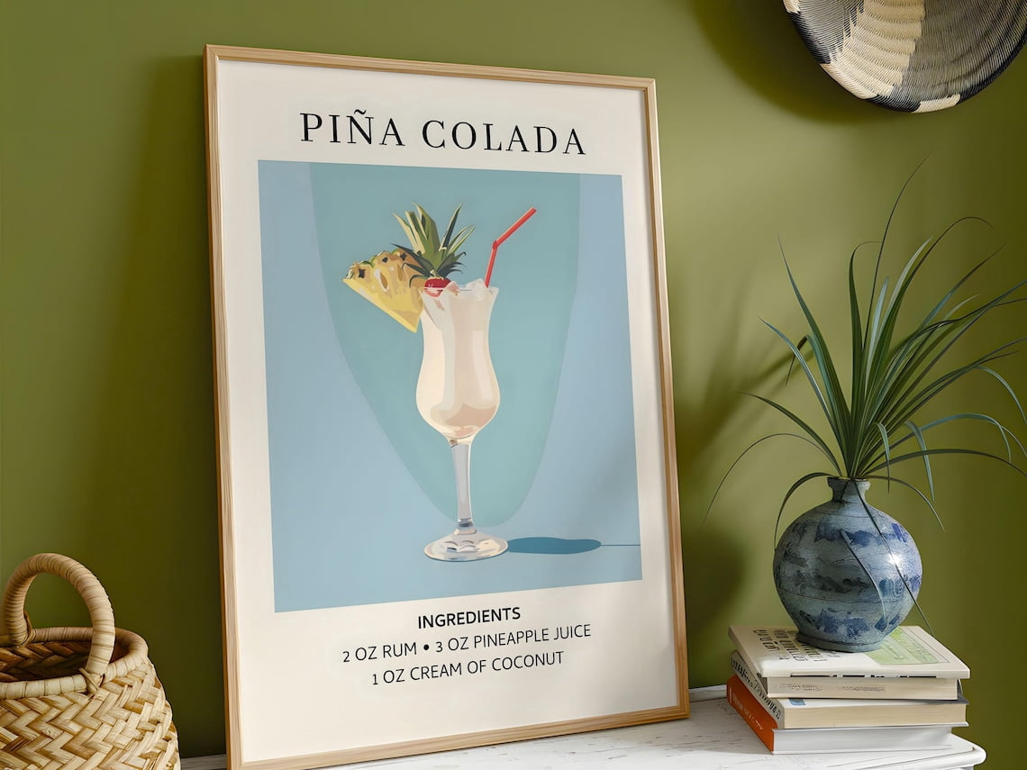Pina Colada Style Retro Cocktail Wall Art Coastal Home Decor, Unframed ...