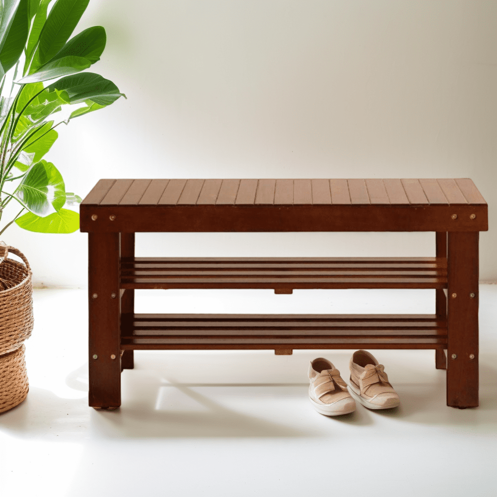 Pina Solid Wood Shoe Bench with Storage - Rustic Cherry Finish Entryway ...
