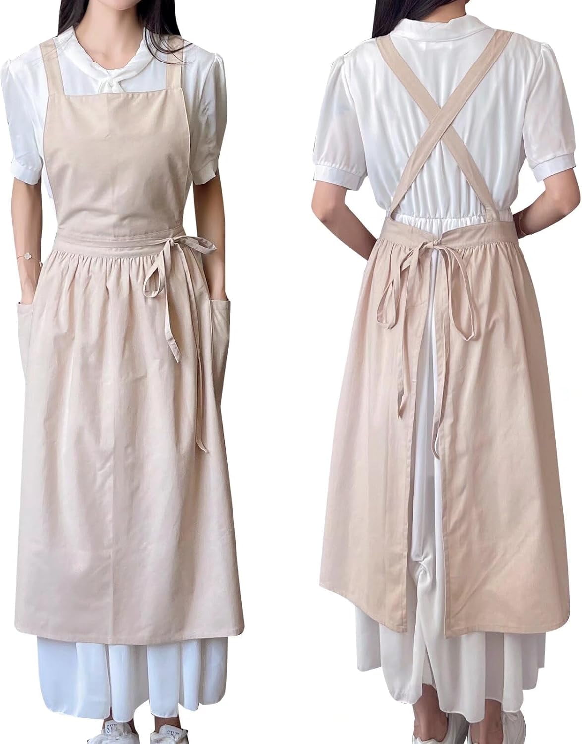 Pinafore Apron Dress，Japanese Cotton Linen Cross Back Apron for Women ...