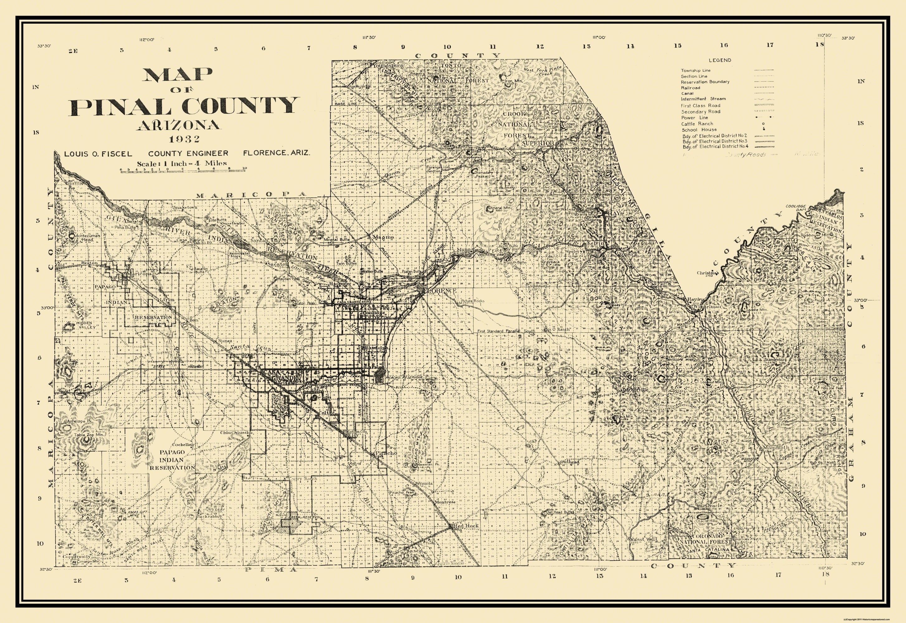 Historic County Map - Pinal County Arizona - Fiscel 1932 - 33.44 x 23 ...