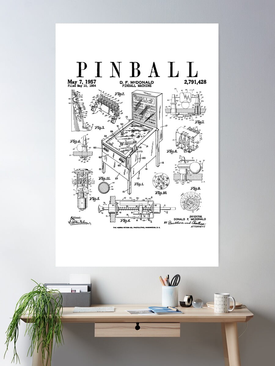 Pinball Arcade Gaming Machine Vintage Gamer Patent Print Poster Wall ...