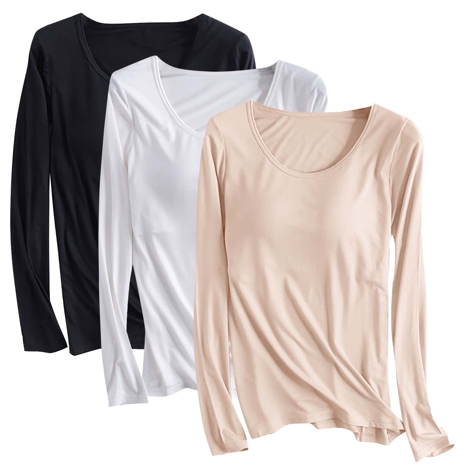 Pincandy 3 Pack Women's Long Sleeve Modal T-Shirt with Built in Bras ...