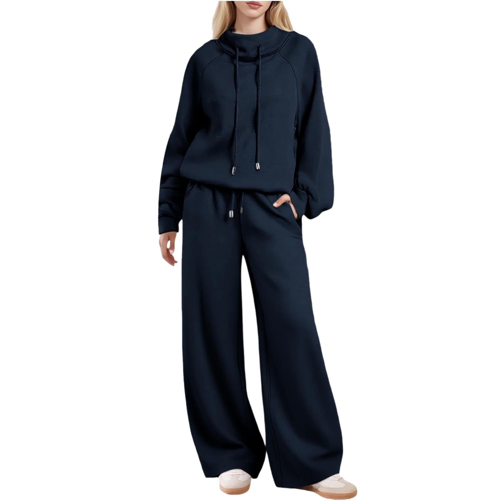 Pincandy Lounge Sets for Women 2 Piece Funnel Neck Sweatshirt Wide Leg ...