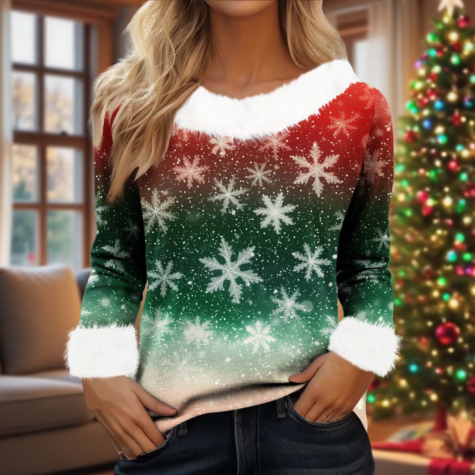 Pincandy Merry Christmas Sweaters for Women Faux Fur Trim V Neck ...