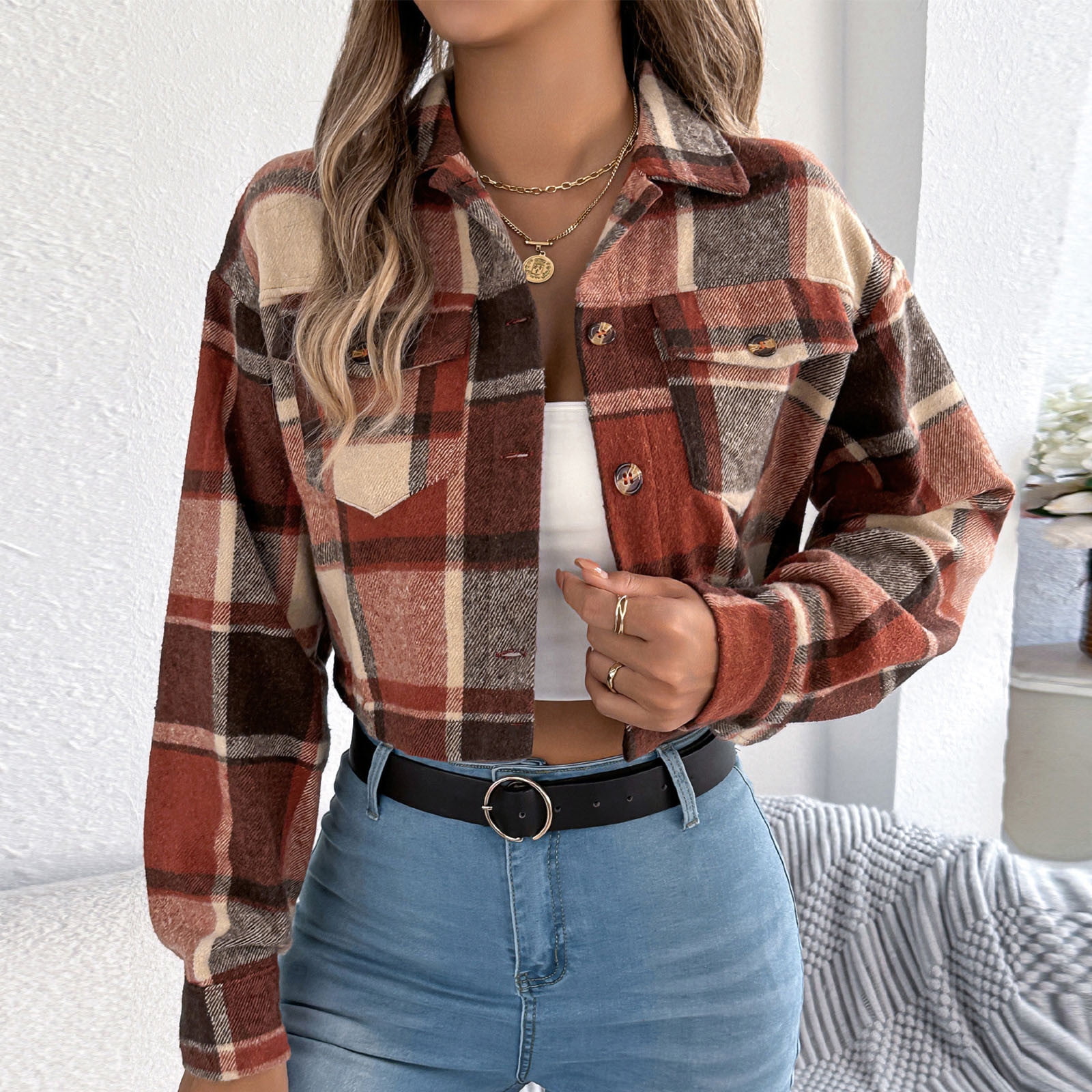 Pincandy Plaid Jacket for Women Lightweight Casual Long Sleeve Lapel ...
