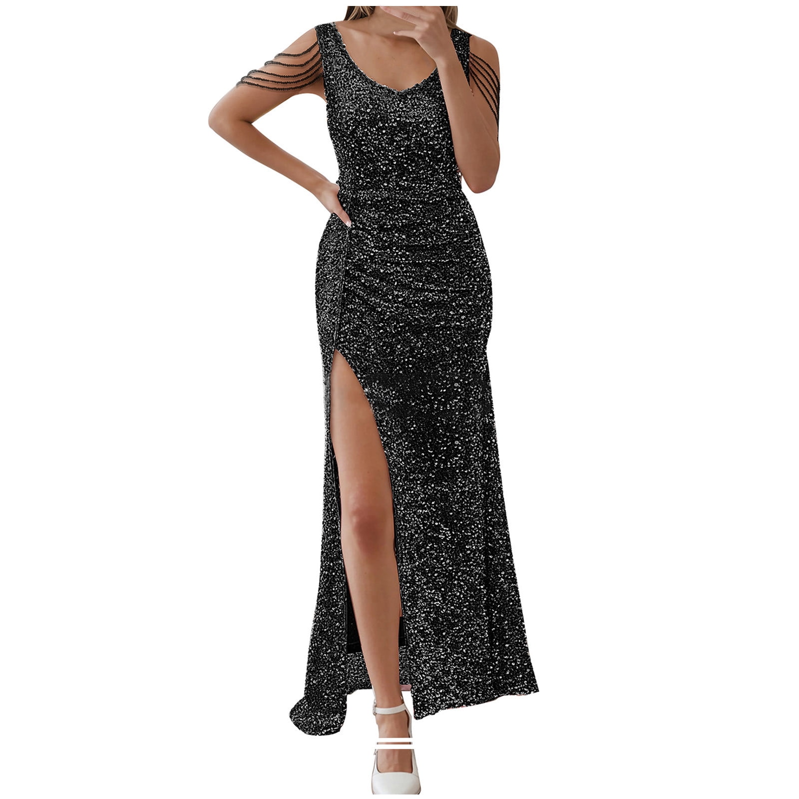 Pincandy Sparkly Sequin Long Prom Dresses for Women 2025 Mermaid V Neck ...