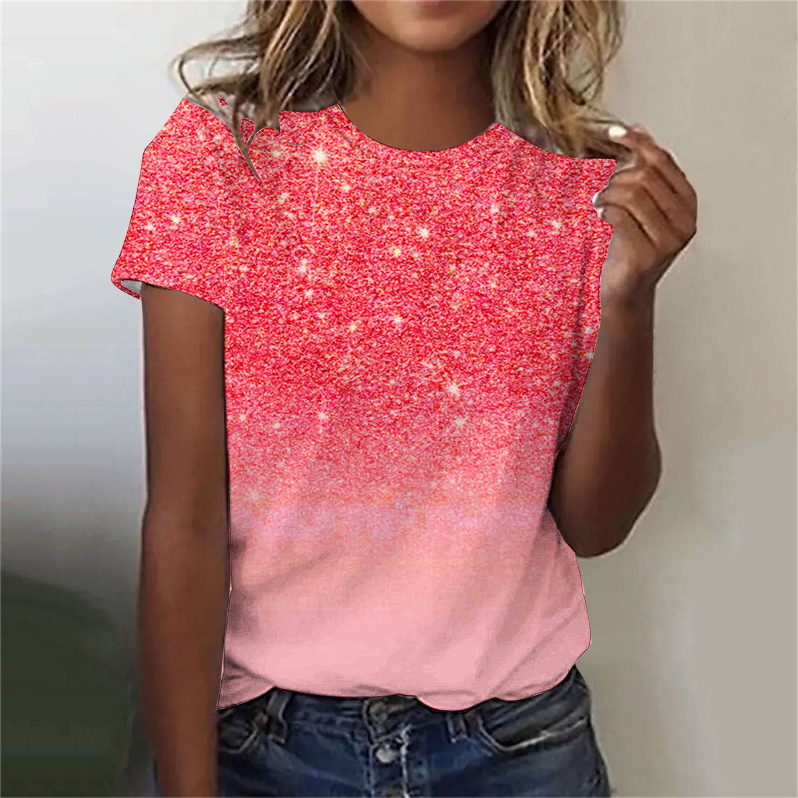 Pincandy Summer Sparkling Crystal Printed Tops for Women Casual Crew Neck Short Cap Sleeve ...