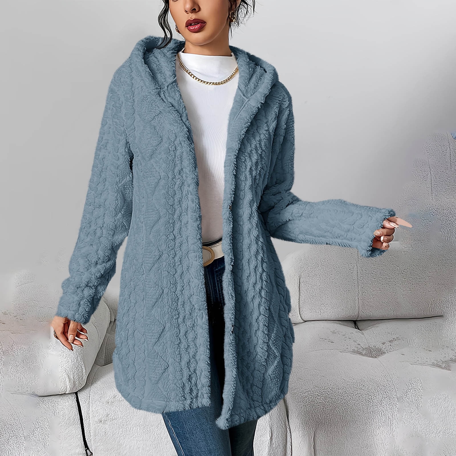 Pincandy Women Fleece Jacket Coat Button Up Sherpa Jacket with Hood Y2K ...