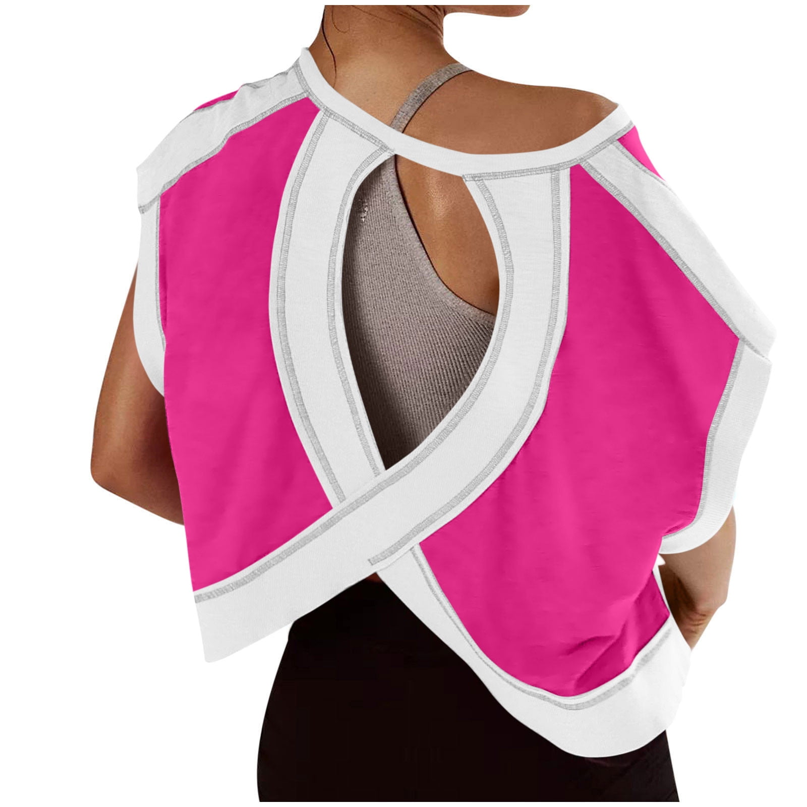 Pincandy Women Short Sleeve Workout Shirts Open Back Tops Casual Yoga ...