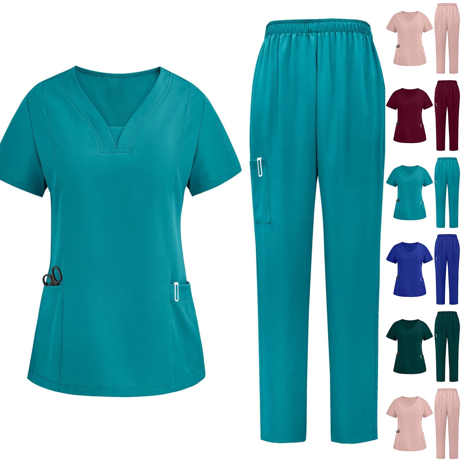 Pincandy Women's 2 Piece Scrub Set with Pockets Short Sleeve V Neck ...