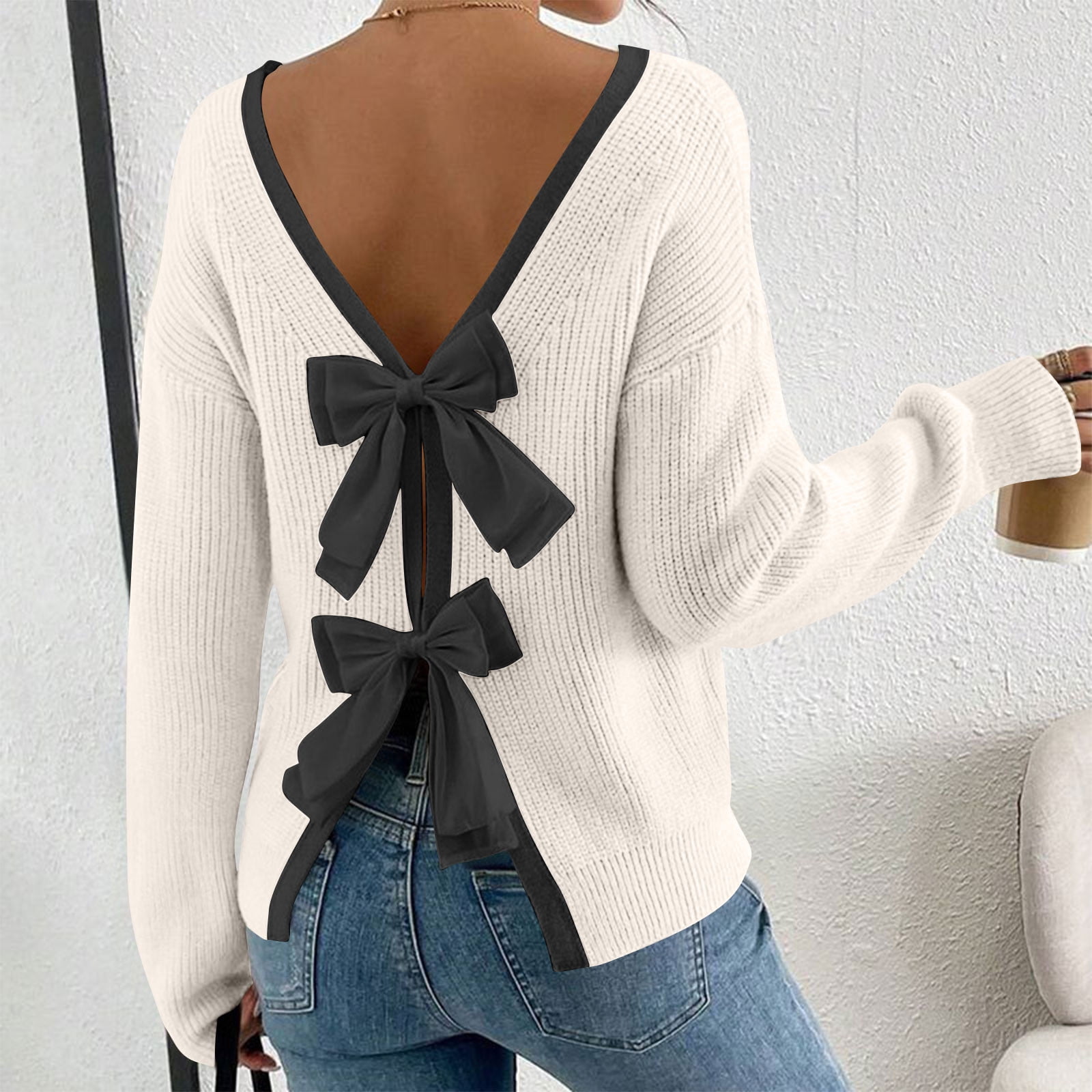 Pincandy Women's Backless Bow Sweaters Long Sleeve V Neck Loose Knitted ...