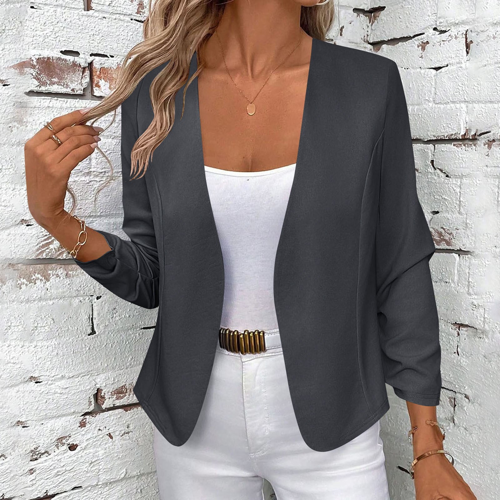 Pincandy Women's Casual Lightweight Jackets Ruched 3/4 Sleeve Open ...