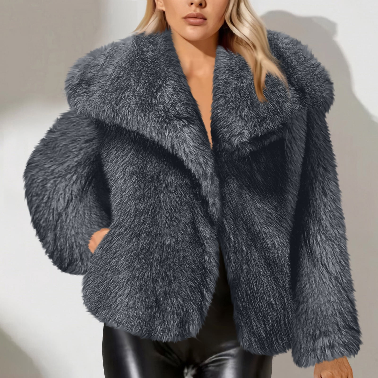 Pincandy Women's Faux Fur Coat Fluffy Faux Fur Jacket Long Sleeve Lapel ...