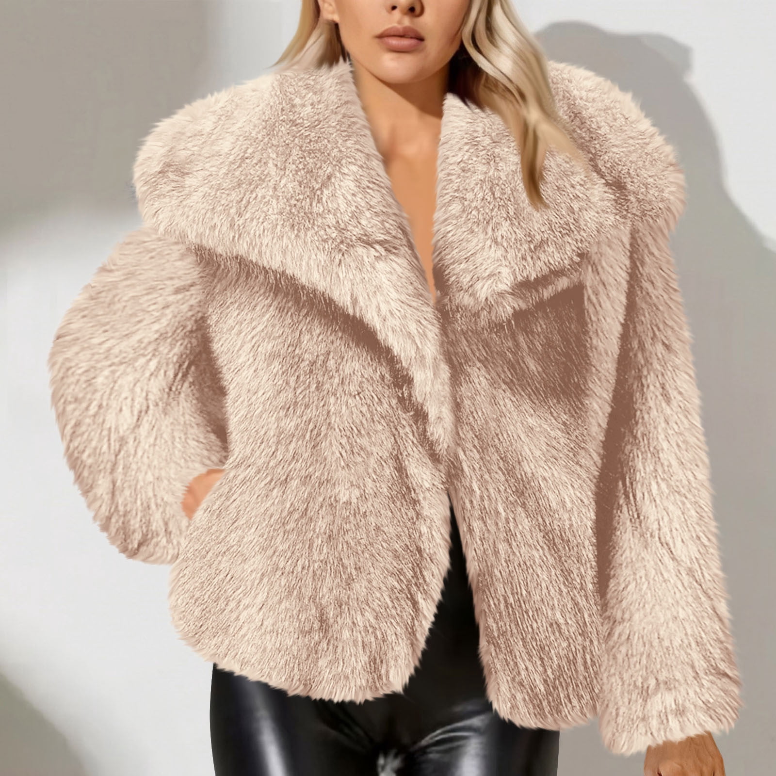 Pincandy Women's Faux Fur Coat Fluffy Faux Fur Jacket Long Sleeve Lapel ...