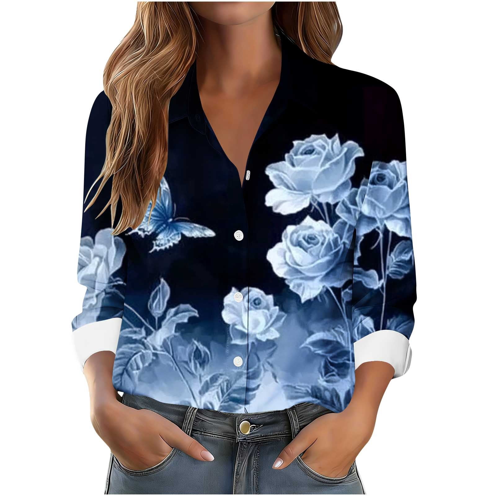 Pincandy Women's Long Sleeve Turn-Down Collar Button Placket Casual ...